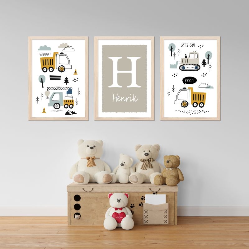 Plakat - Byggekjøretøyer / tilpasse/ sett med 3 / Velg farge
