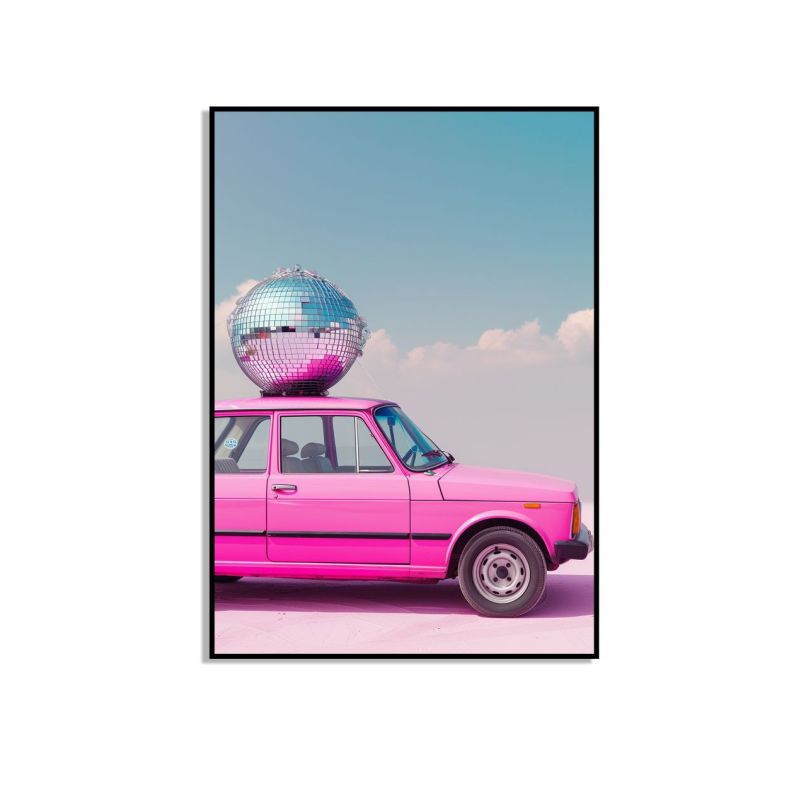 Rosa Bil Med Diskokule Plakat