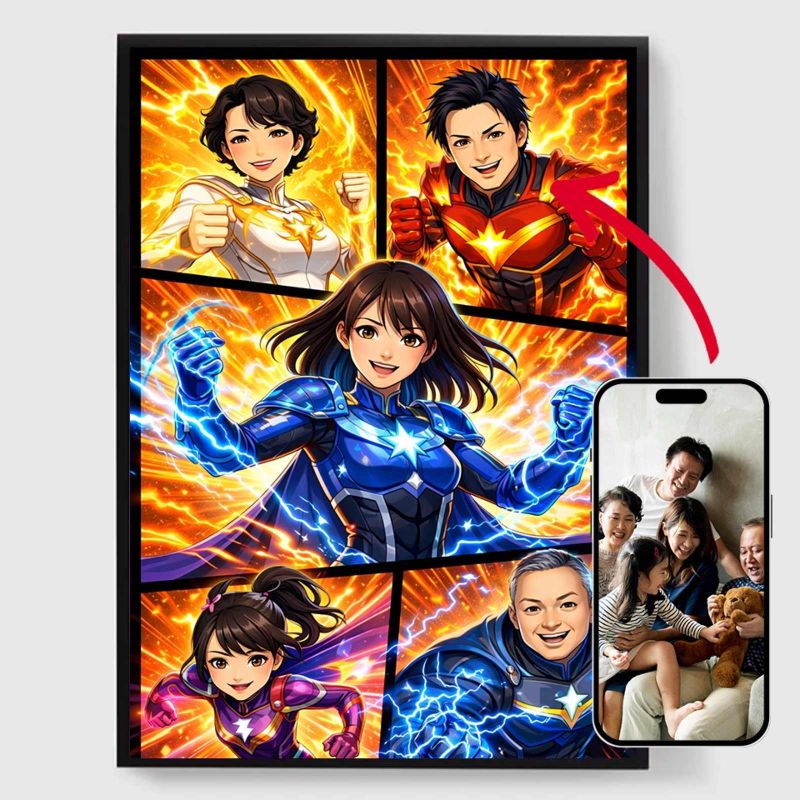'Personlig Plakat - Anime Superhelt Familieportrett - AI Plakat'